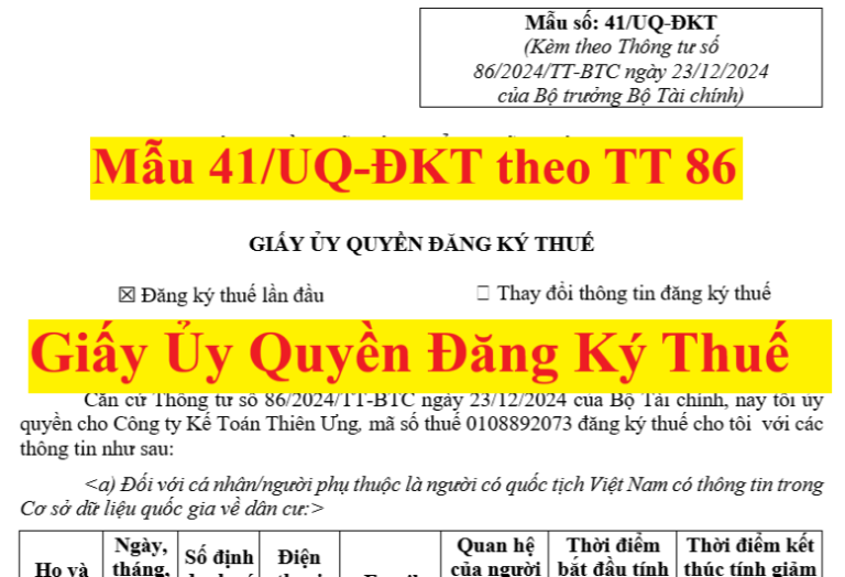 Mẫu Giấy ủy Quyền đăng Ký Thuế - Mẫu Số: 41/UQ-ĐKT Theo TT 86 - Dịch Vụ Kế Toán Trực Tuyến